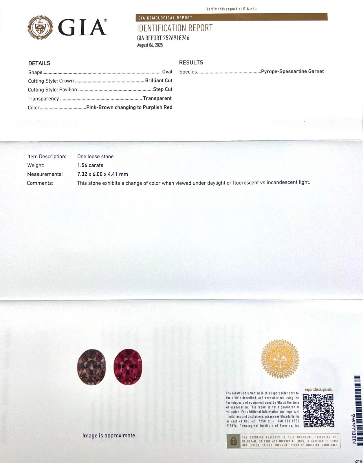 1.56ct NATURAL Colour Change Garnet GIA Certified UNTREATED Pyrope Spe ...