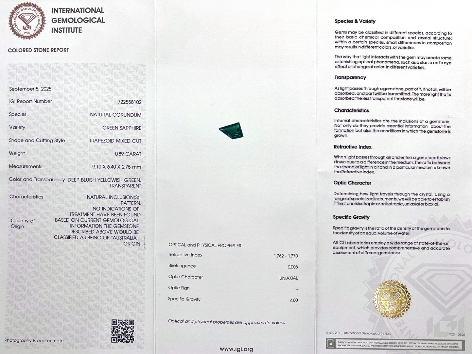 IGI CERTIFIED 0.89ct Sapphire AUSTRALIA Blue Green UNHEATED Trapezoid ...