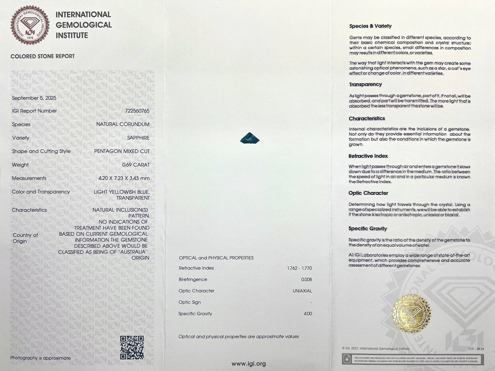 IGI CERTIFIED Vivid Yellow Blue NO HEAT Australian 0.69ct Sapphire Pen ...