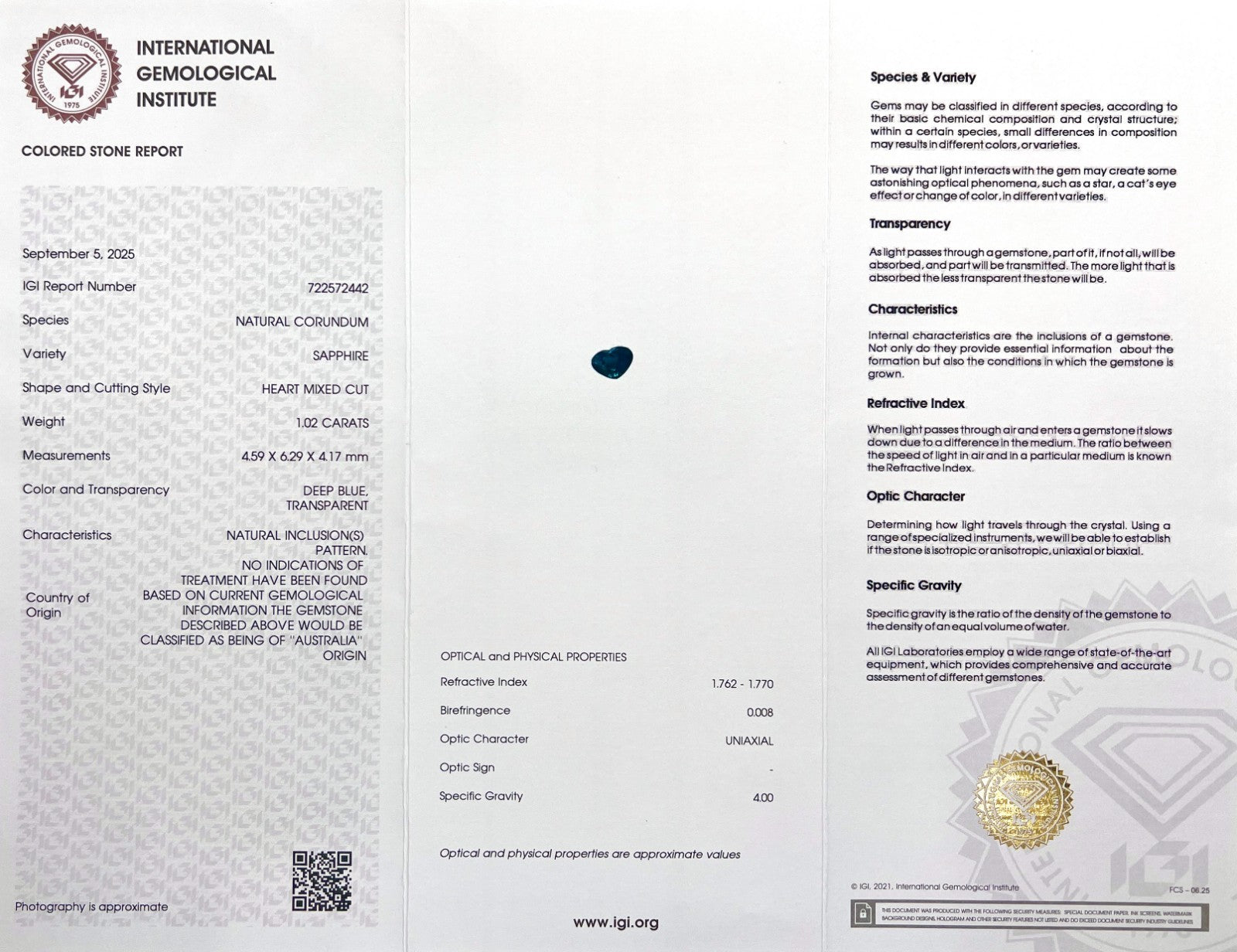 IGI CERTIFIED 1.02ct Untreated Deep Blue AUSTRALIA Sapphire Heart Cut ...