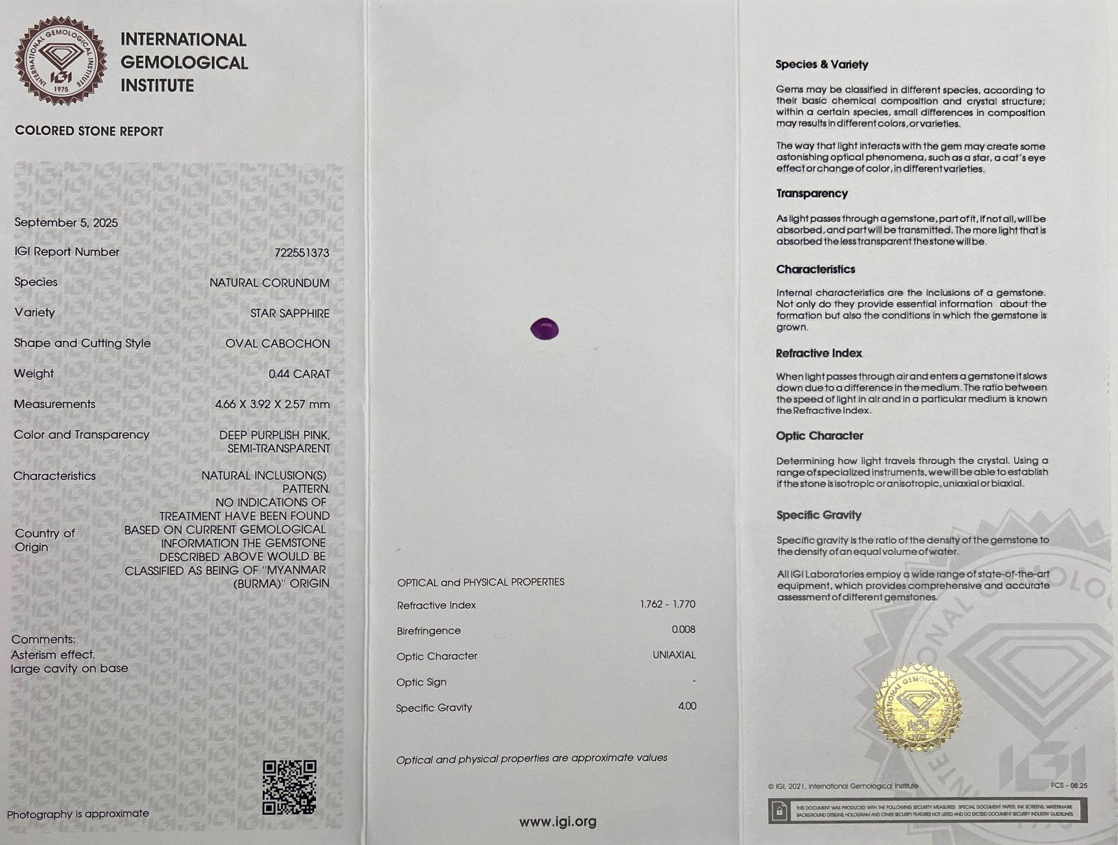 IGI CERTIFIED STAR Sapphire BURMA UNTREATED Purple Pink 0.44ct Oval Ca ...
