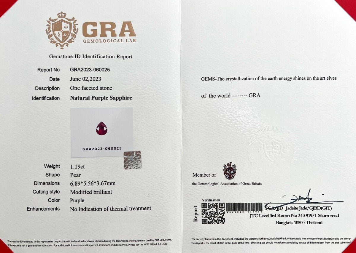 NATURAL Vivid Purple Sapphire 1.19ct GRA Certified UNTREATED Pear Gem ...